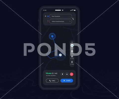 Map GPS navigation app ux ui dark mode Mobile map application, Smartphone street Illustration ...