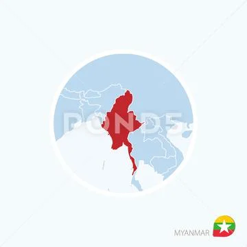 Map icon of Myanmar. Blue map of Asia with highlighted Myanmar in red ...