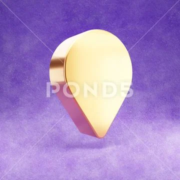 Map marker icon. Gold glossy Map symbol isolated on violet velvet ...