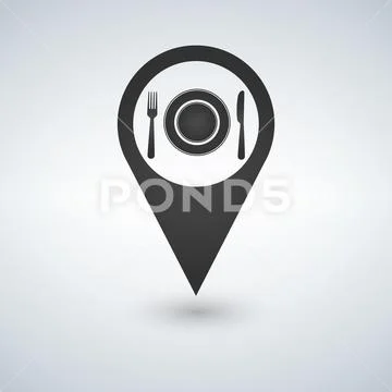 Map marker location with fork plate and knife. Vector illustration ...