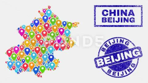 Map Markers Collage of Beijing City Map and Scratched Stamps ...