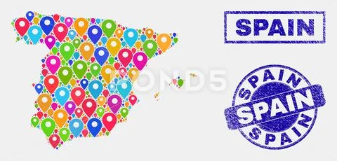 Map Markers Mosaic of Spain Map and Scratched Stamps: Graphic #109579833