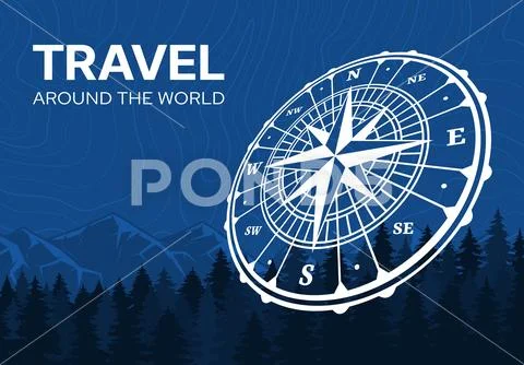 Map, mountains, compass rose, adventure banner: Graphic #245267785