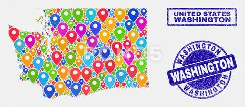 Map Pins Collage of Washington State Map and Grunge Stamp Seals ...