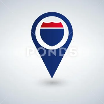 Map pointer with interstate sign, vector illustration. ~ Clip Art #85153483
