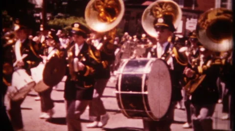 marching band in local town parade 1950s... | Stock Video | Pond5