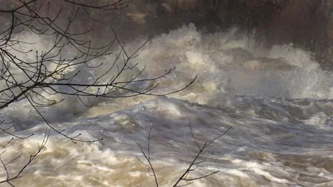 Massive flooding and raging river as tow... | Stock Video | Pond5