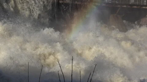 Massive flooding and raging river as tow... | Stock Video | Pond5