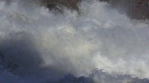 Massive flooding and raging river as tow... | Stock Video | Pond5