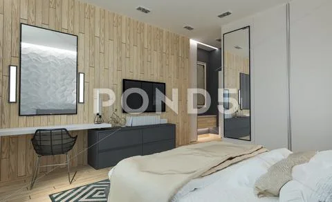 Master bedroom with dressing room 3D panels in a modern style: Royalty ...