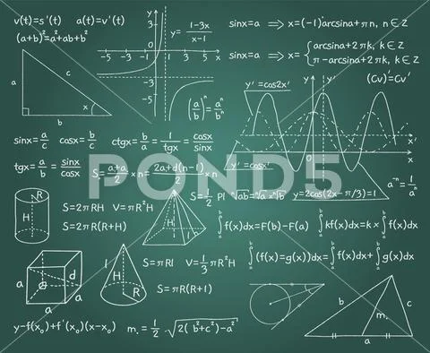 Math formulas. Chalk board background with algebraic and geometric ...