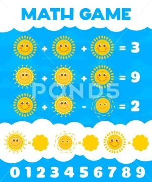 Math game worksheet with cartoon sun characters: Graphic #219852677