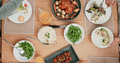 Meal, hands and table in top view with f... | Stock Video | Pond5