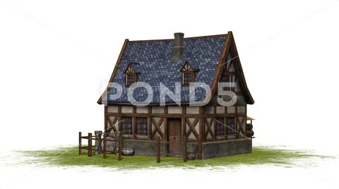 Medieval cottage on a green area - back view - isolated on white ...