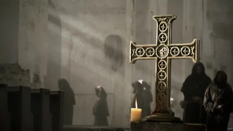 Medieval monks process in a church - Ree... | Stock Video | Pond5