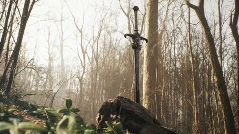 Medieval sword in an ancient stone in th... | Stock Video | Pond5