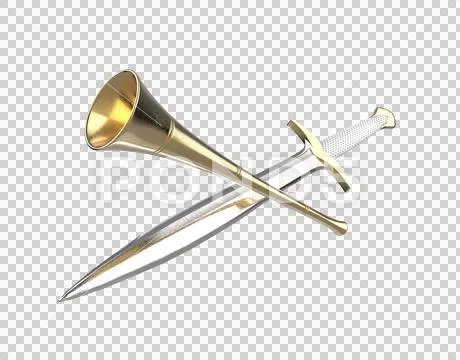 Medieval Sword and Trumpet (Gold) 3D Illustration - PNG Transparent ...
