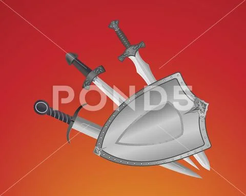 Medieval swords behind the forged shield. Illustration #110791664