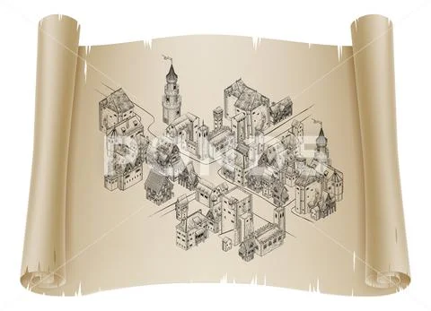 Medieval Town Map Scroll Vintage Illustration Illustration #154235692