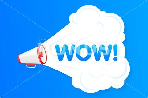 Megaphone blue banner with wow sign. Vector illustration Illustration ...