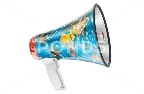 Megaphone with Earth map texture, 3D rendering: Graphic #147151933