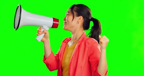 Megaphone, green screen studio and Asian... | Stock Video | Pond5