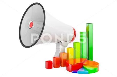 Megaphone with growth bar graph and pie chart, 3D rendering: Royalty ...