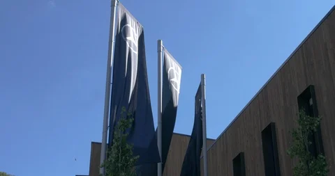 Mercedes-Benz flags flying at an automot... | Stock Video | Pond5