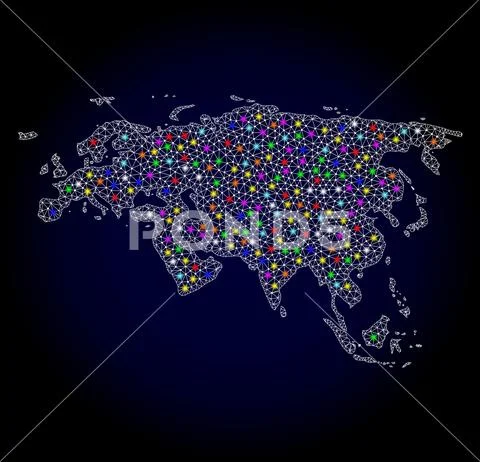 Mesh Network Map of Europe and Asia with Bright Light Spots: Royalty ...