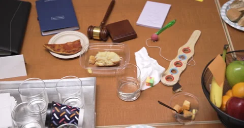 Messy conference table with drinks, gave... | Stock Video | Pond5