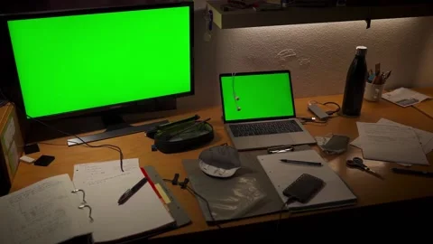 A messy desktop with a green-screen comp... | Stock Video | Pond5