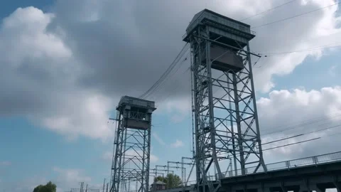 Metal frame towers of two-tier bridge in... | Stock Video | Pond5