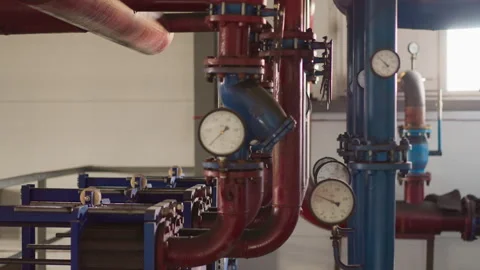 Metal pipes with manometers and pumps in... | Stock Video | Pond5