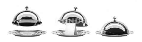 Metal tray with open, closed cloche and blank white card. Realistic set ...