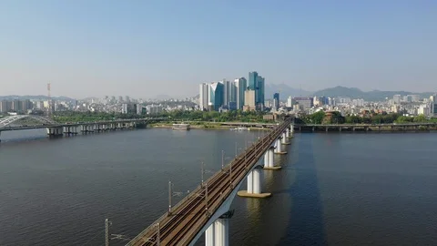 Metro rail bridge above Han river in Seo... | Stock Video | Pond5