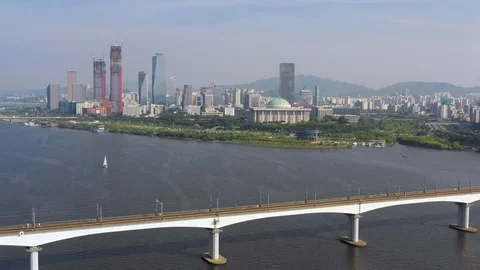 Metro rail bridge above Han river in fro... | Stock Video | Pond5
