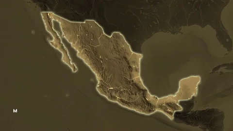 Mexico map - solid. Glow. Sepia. Labels | Stock Video | Pond5