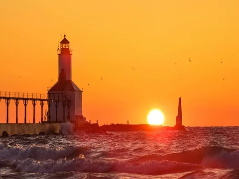 Michigan City Lighthouse with Chicago Sk... | Stock Video | Pond5