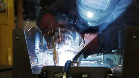 Mig welder in an engineering workshop mi... | Stock Video | Pond5