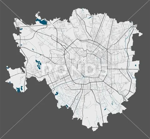 Milan map. Detailed map of Milan city poster with streets, water ...