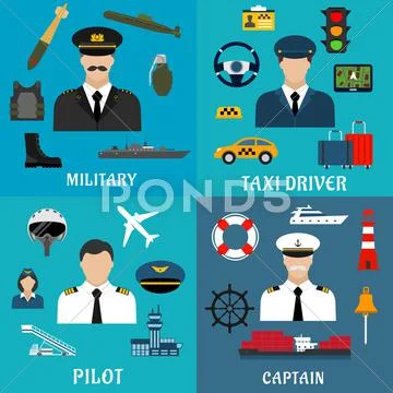 Military, captain, pilot and taxi driver flat icons: Graphic #59153185