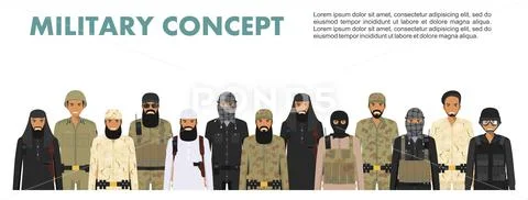 Military concept. Set of different detailed illustration of muslim ...