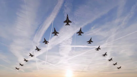 Military fighter jets flying overhead in... | Stock Video | Pond5