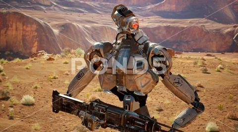 Military robot-android in the desert surveys the territory. 3D ...