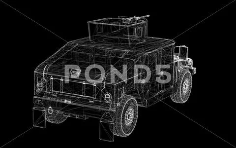 Military vehicle with tower and machine gun ,body structure, wire model ...