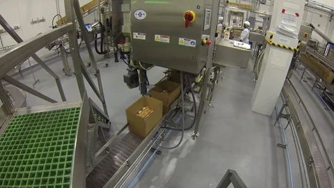 Milk cartons being loaded into box on co... | Stock Video | Pond5