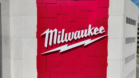 Milwaukee Tools sign. Aerial push in of ... | Stock Video | Pond5
