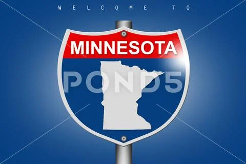 Minnesota map on highway road sign over blue background: Graphic #206388093