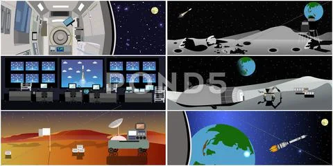 Mission control center. Rocket launch vector illustration. Station and ...