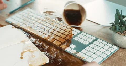 Mistake, messy coffee spilling on a comp... | Stock Video | Pond5